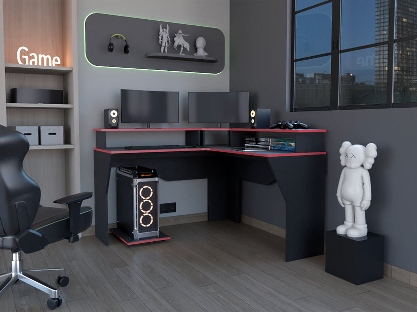 Escritorio Gamer Invictor, Wengue y Rojo, con Espacio Adicional para P ...